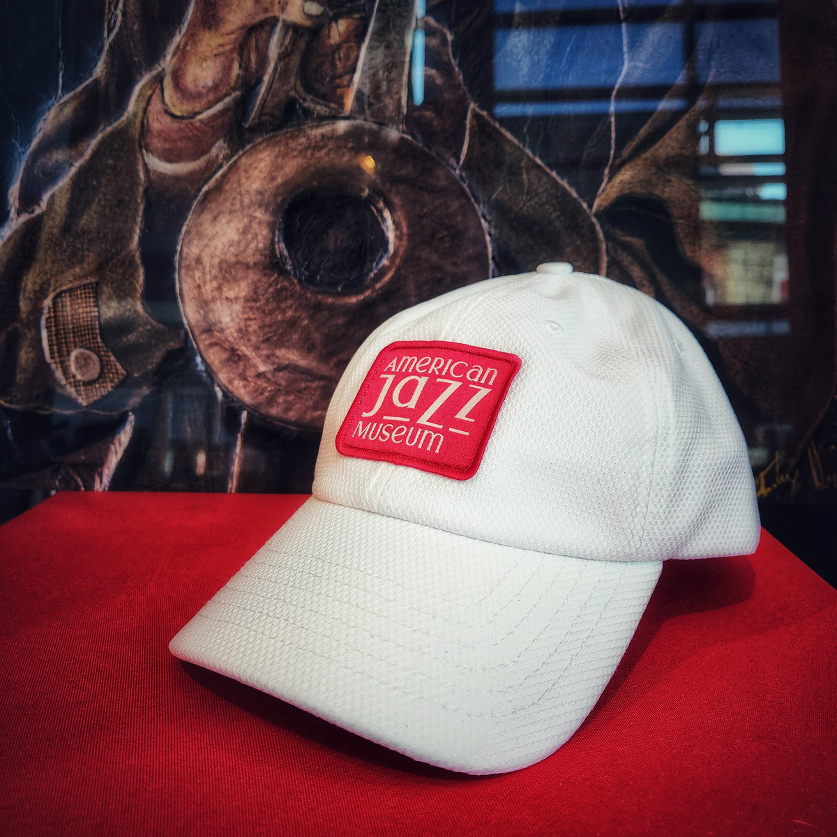 AJM White Baseball Cap with Red Patch – American Jazz Museum